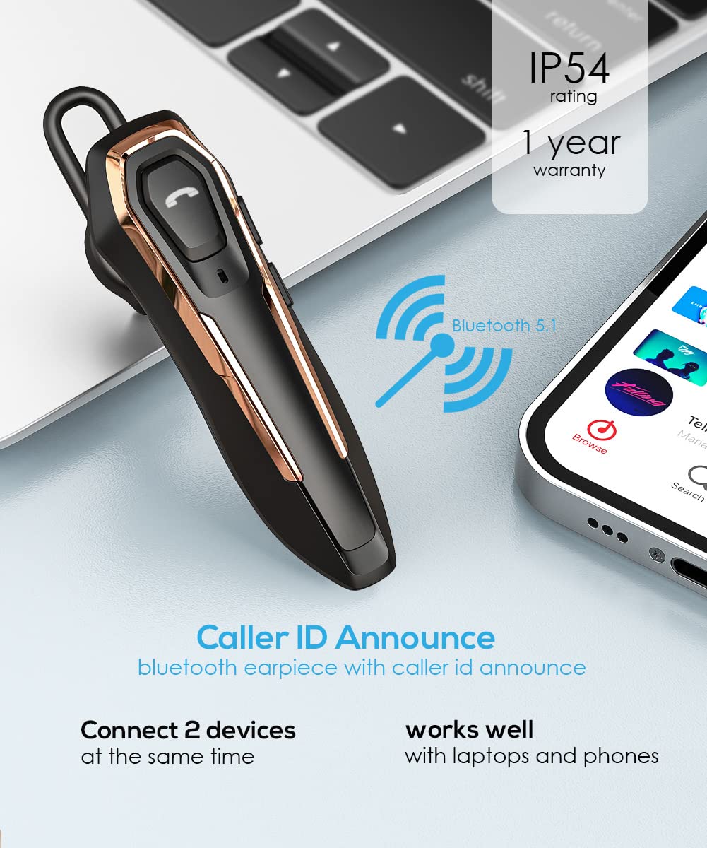 ZOUKAI Bluetooth Headset, Noise Cancelling with 2 Microphones, 30 Hours Talk Time, Announce Caller ID, Hands Free Bluetooth Wireless Earpiece for Cell Phones/Laptop/PC