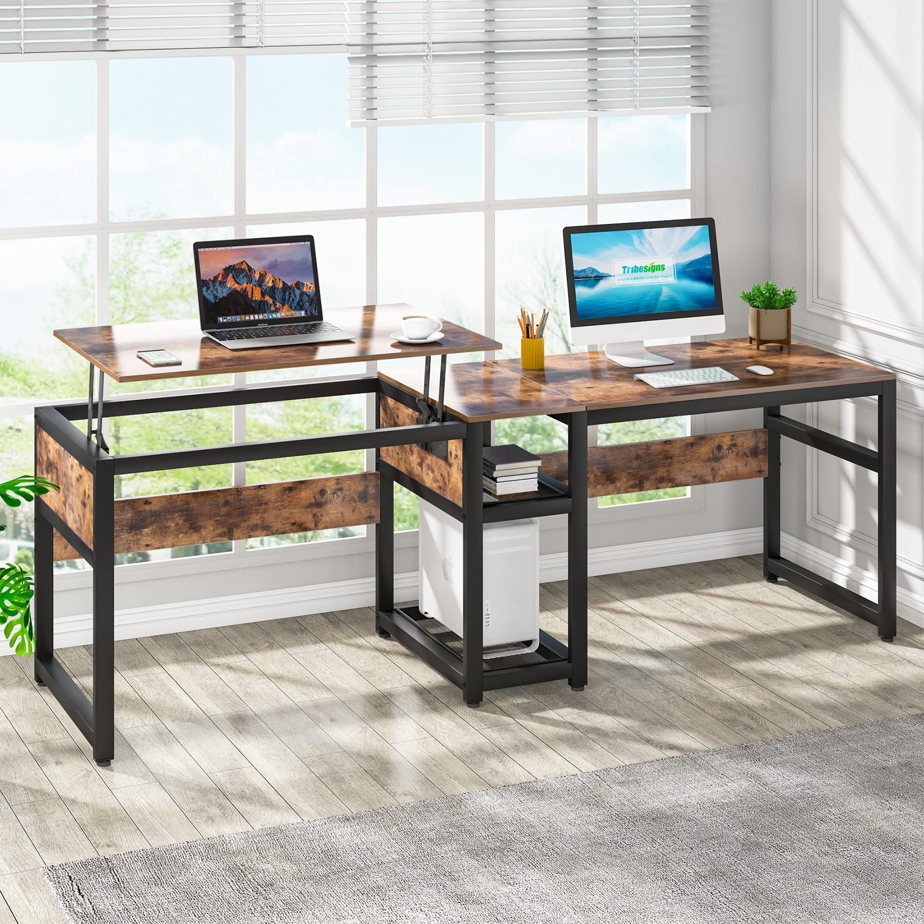 Tribesigns Lift Top Computer Desk, 78.8 inch Height Adjustable Double Home Office Desk Dual Writing Table Workstation with Storage Shelves