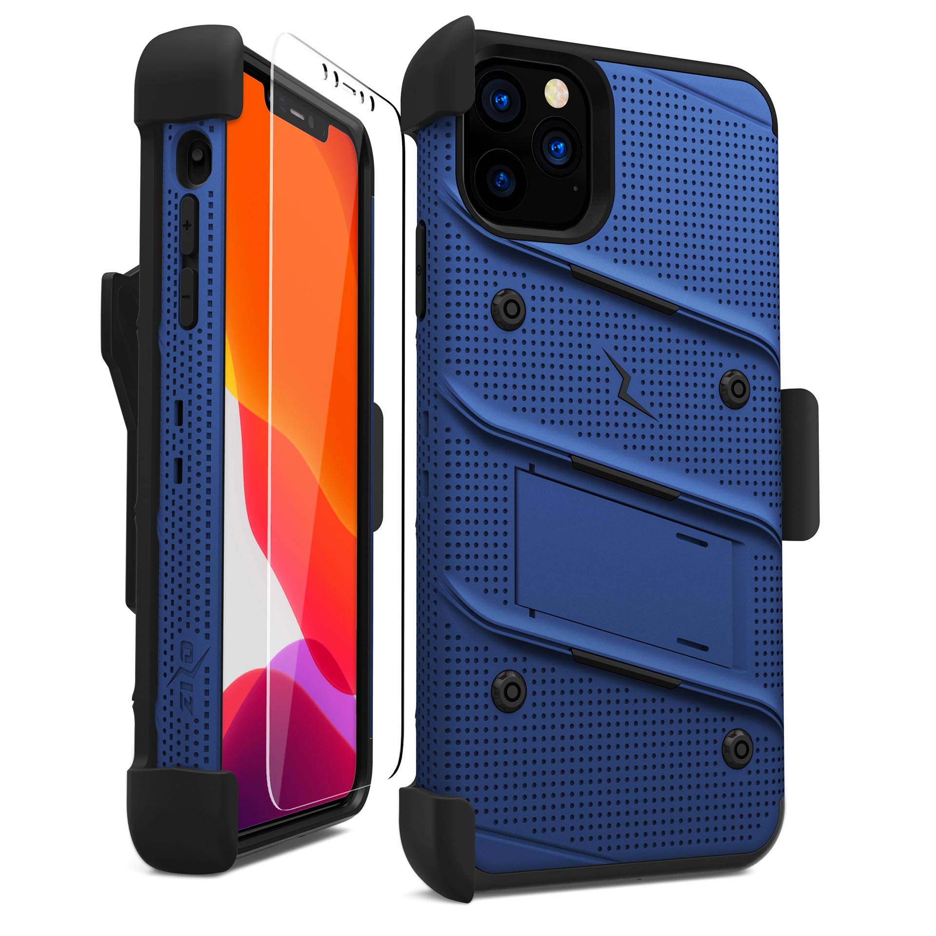 ZIZO Bolt Series iPhone 11 Pro Max Case - Heavy-Duty Military-Grade Drop Protection w/Kickstand Included Belt Clip Holster Tempered Glass Lanyard - Blue