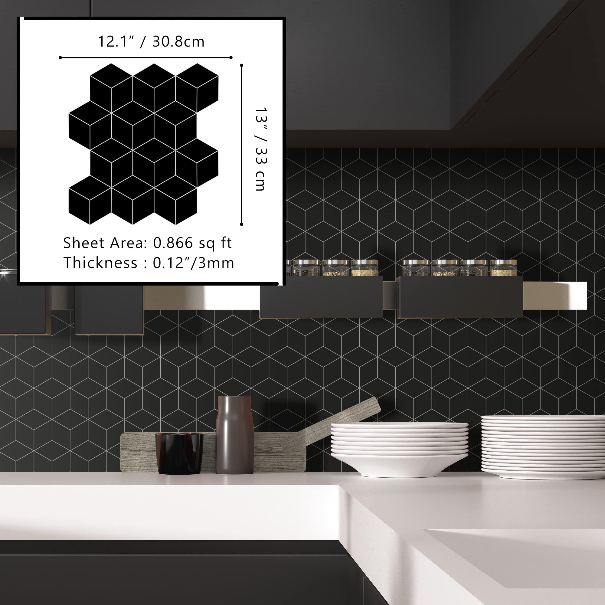 The Tiles Plaza Rhombus Backsplash Tile for Kitchen Peel and Stick, Stone Composite Self Adhesive Tiles, 3D Cube Wall Tile for Kitchen, 12 x 13 Inch 10 Sheets Navy Blue