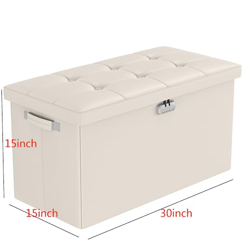 Tamfile 30 inches Folding Storage Ottoman with Lock,Fireproof Bedroom Bench with Storage,Beige Footrest with Foam Padded Seat,Ottoman Foot Rest for Bed Room,Storage Chest, Foot Rest Stool