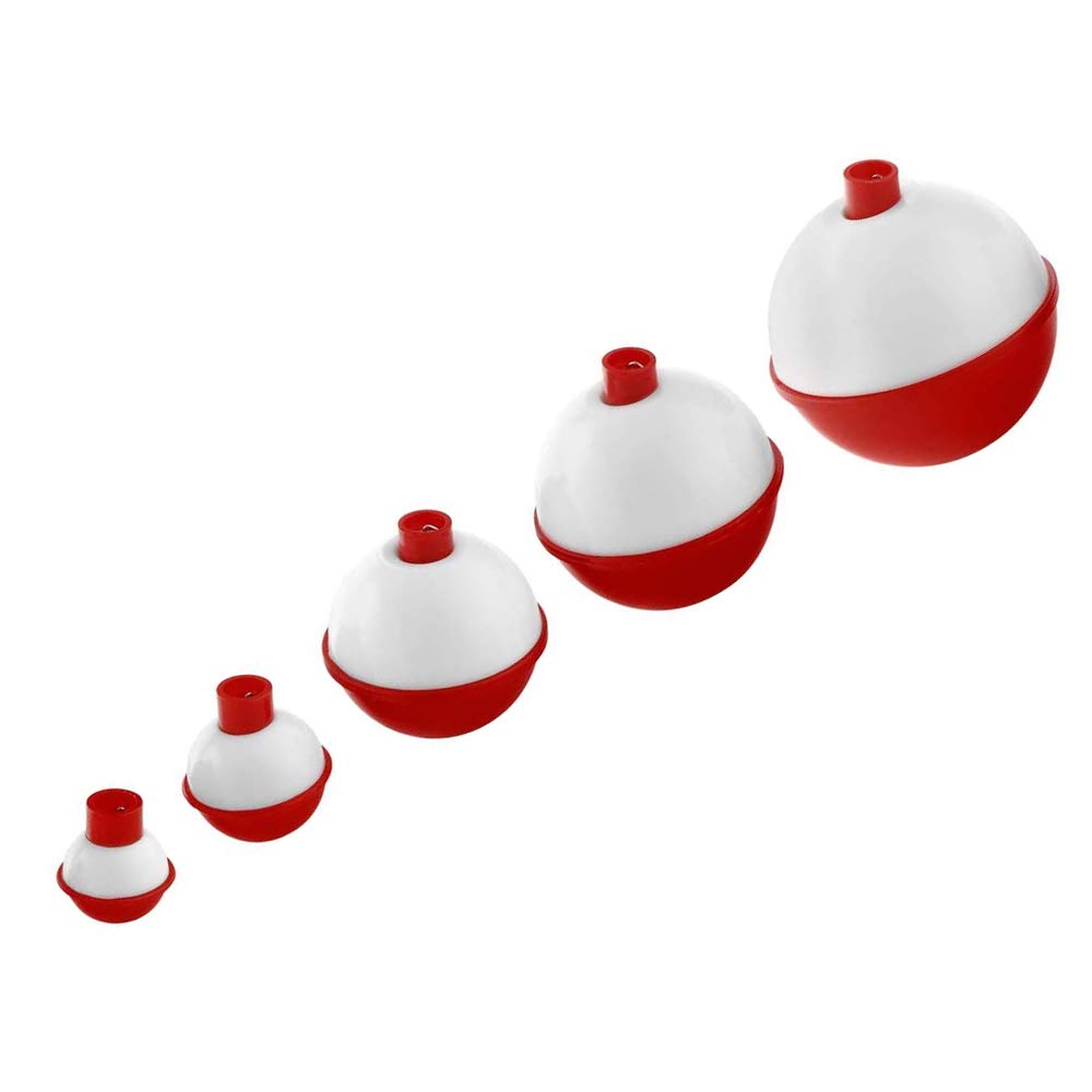 ZONGR Various Sizes Fishing Bobbers Set 5 Float Fishing Float Push Button Snap-on Floats Red and White Bobber Fishing Tackle,1/1.25/1.5/1.75/2 Inches ABS