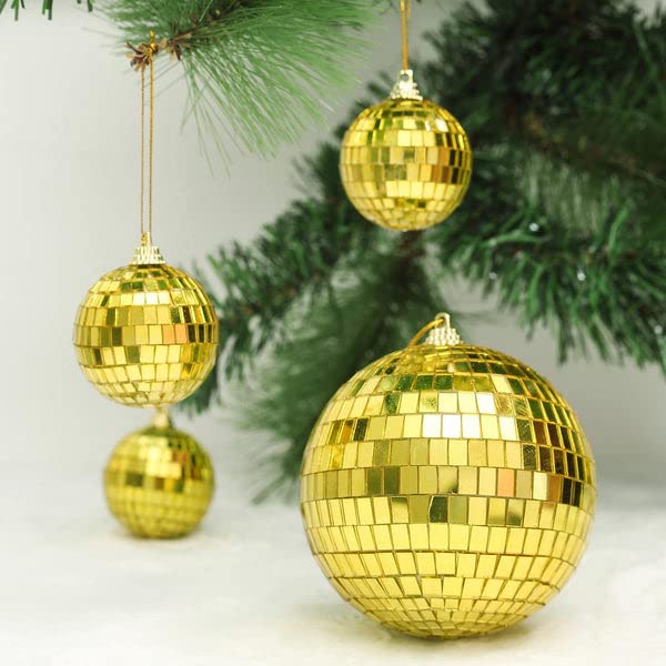 TABLECLOTHSFACTORY 4 Pcs 4" Gold Glass Mirror Disco Ball with Hanging String Christmas Ornaments
