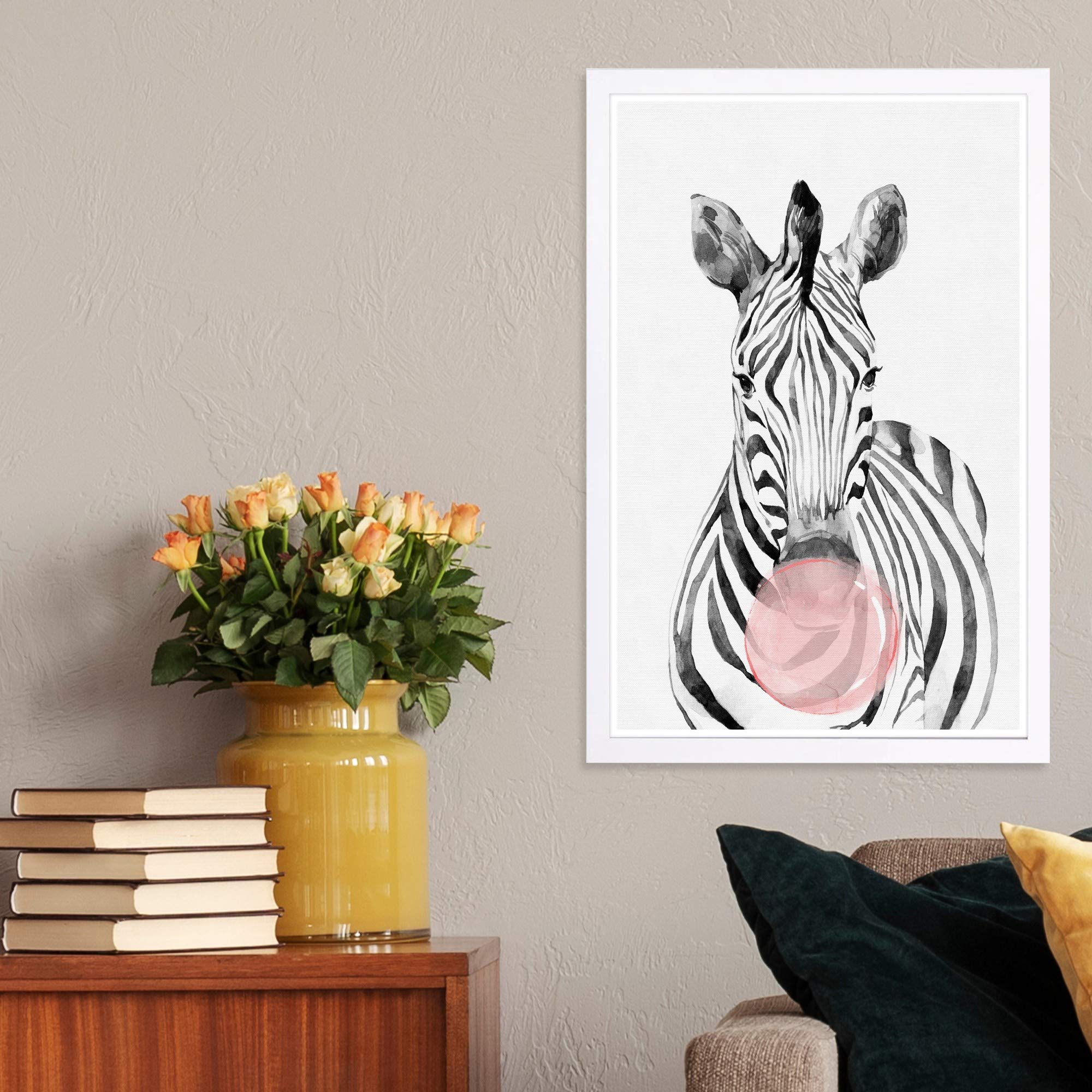Wynwood Studio Animals Framed Wall Art Prints 'Zebra Bubblegum' Home Décor, 13" x 19", Black, Pink