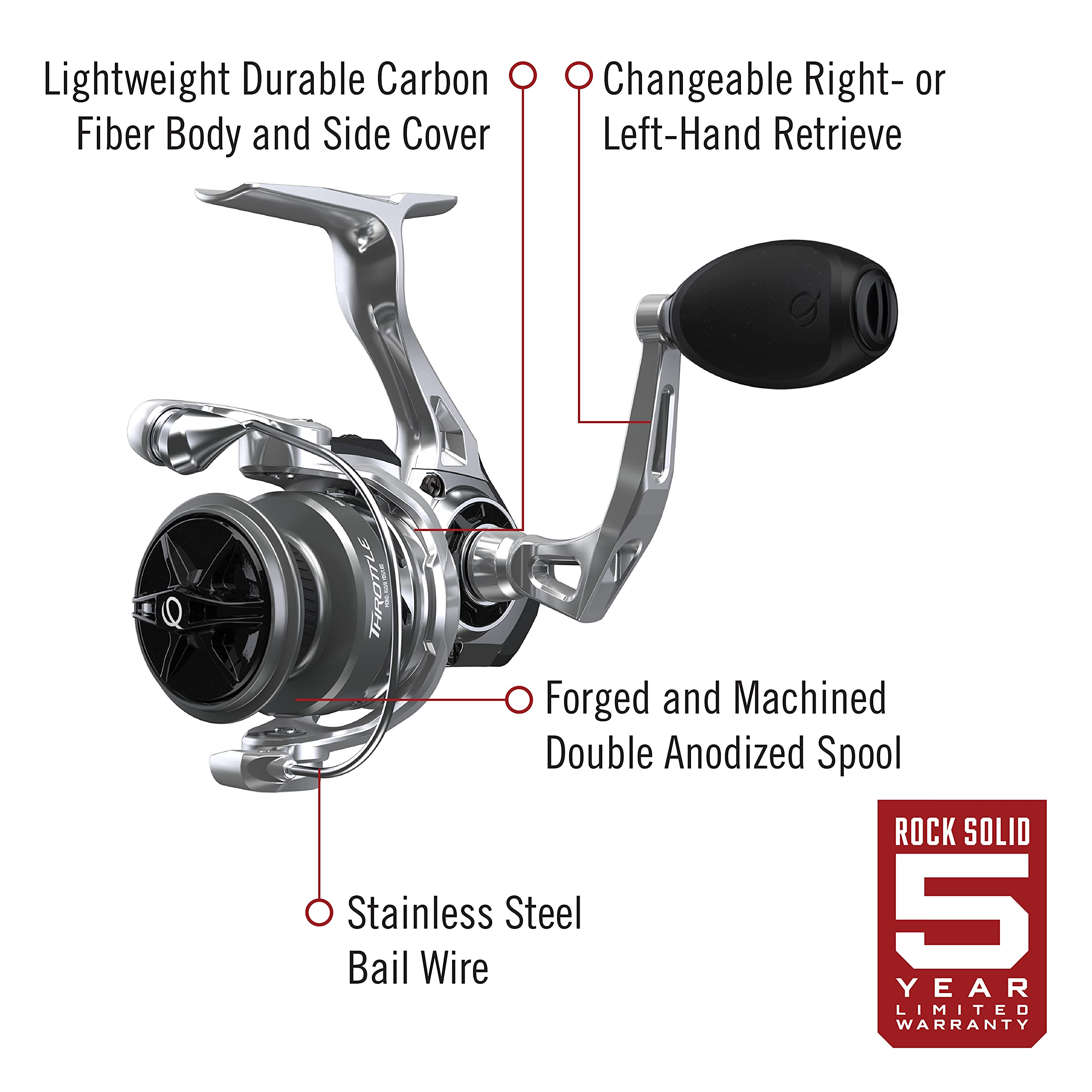 Zebco Quantum Throttle Spinning Fishing Reel, Size 10 Reel, Stainless Steel Bail Wire, Dura-Lok Anti-Reverse Clutch, Oversized Non-Slip Handle Knob, 10 + 1 Ball Bearings, 5.2:1 Gear Ratio, Silver