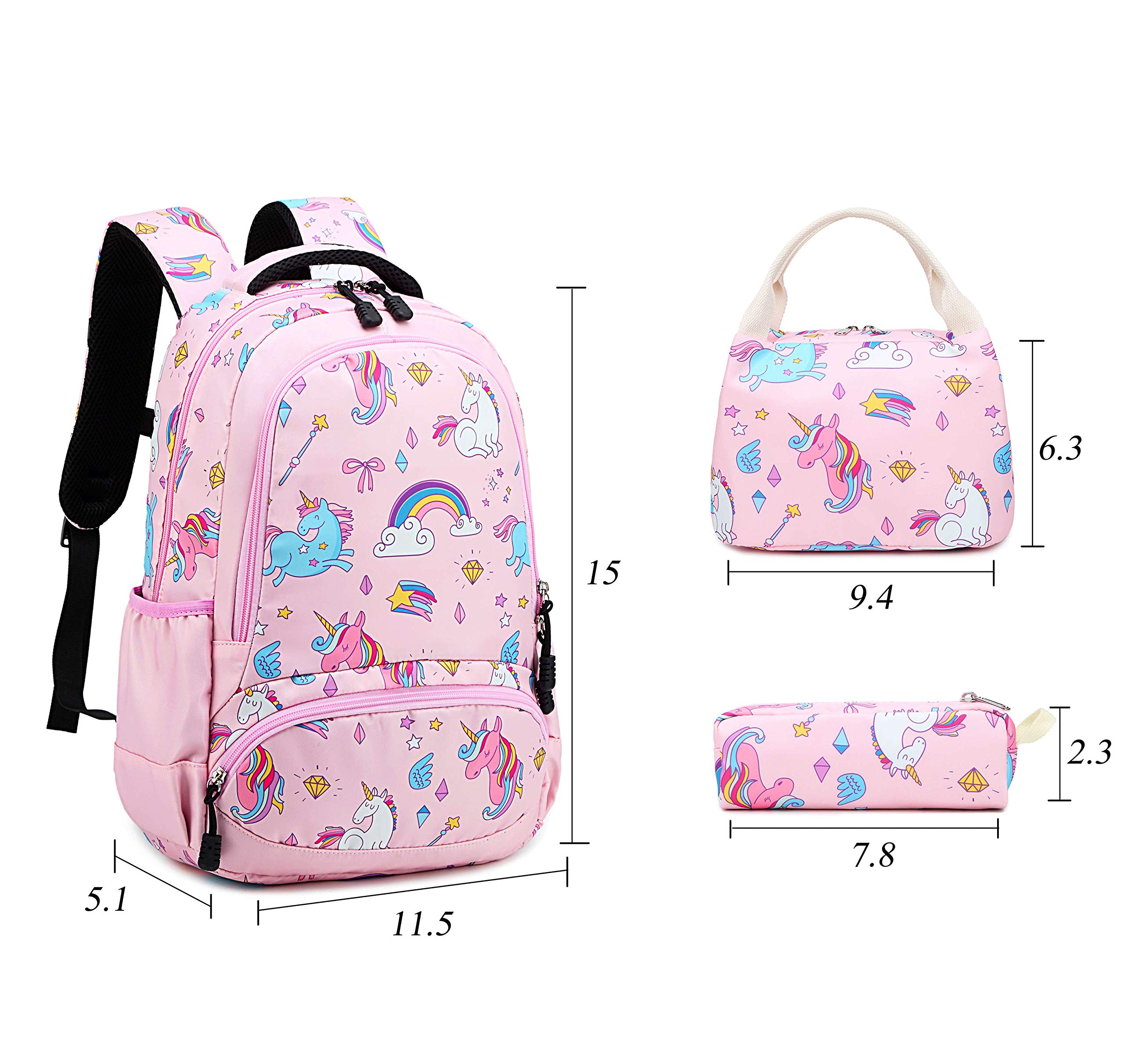 Unicorn School Backpack for Girls - 3 in 1 Kids Waterproof Cute School Bookbag Set with Lunch Bag Pencil Case for Kindergarten Elementary Pink