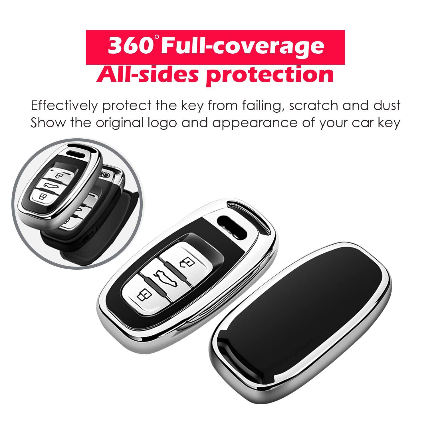 Tukellen for Audi Key Fob Cover Case,Premium Soft TPU 360 Degree Full Protection Key Shell Key Case Compatible with Audi R8 Q5 Q7 S3 S4 S5 S6 S7 S8 SQ5 RS5 RS7 A4 A5 A6 A7 A8 Keyless Entry (Silver)