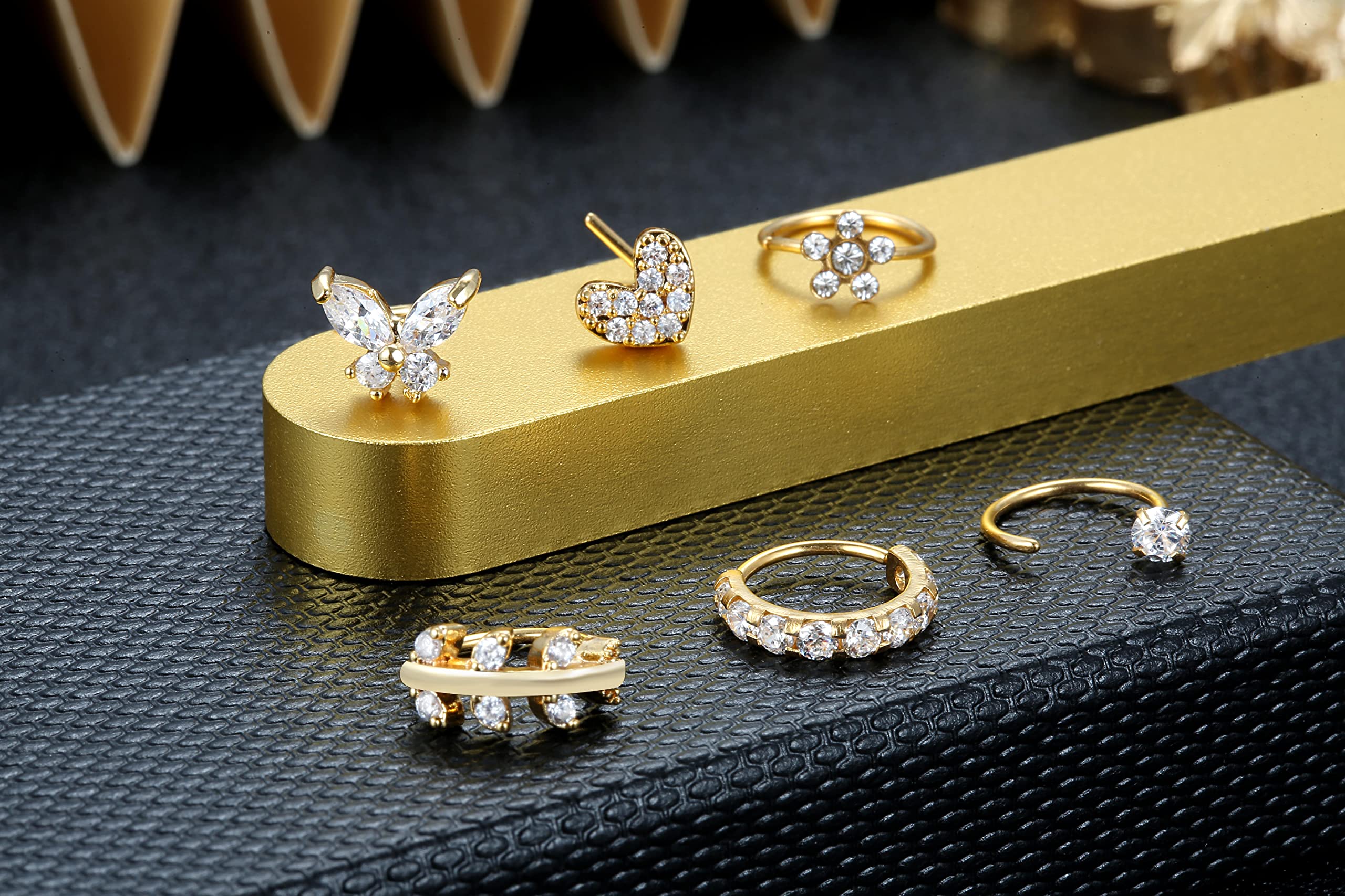 Zankulas Nose Piercings Jewelry Studs Flower Nose Ring L Shaped with Heart Butterfly Elements 20G Gold, Green