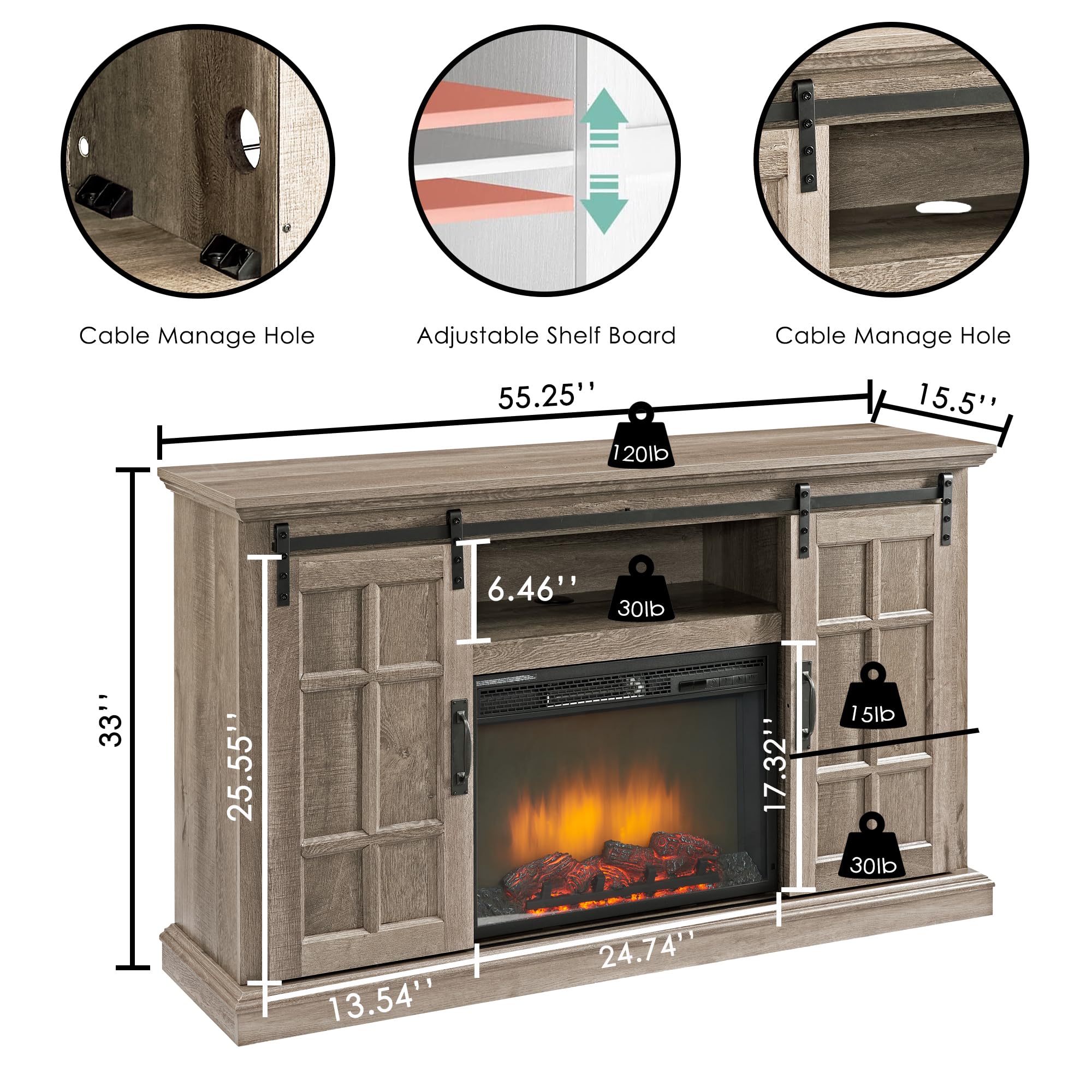 Unineo Farmhouse Fireplace TV Stand up to 65 Inch, Modern Entertainment Center Media Console with 24’’ Fireplace, Sliding Barn Door with Storage Cabinets, Adjustable Flame Effects, Remote Control, Oak