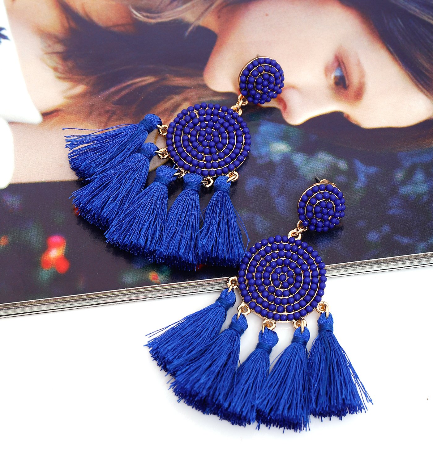 XOCARTIGE Tassel Earrings Thread Fringe Chandelier Drop Dangle Earrings Bohemia Beaded Disc Stud Earring for Women(Blue)