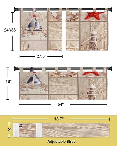 Tab Top Curtain Valance and Tiers Set,Summer Beach Red Starfish Shell Lifebuoy Light Filtering Kitchen Curtains Valances,Lighthouse Sea Nautical Boat Cafe Window Treatment Drapes for Bedroom