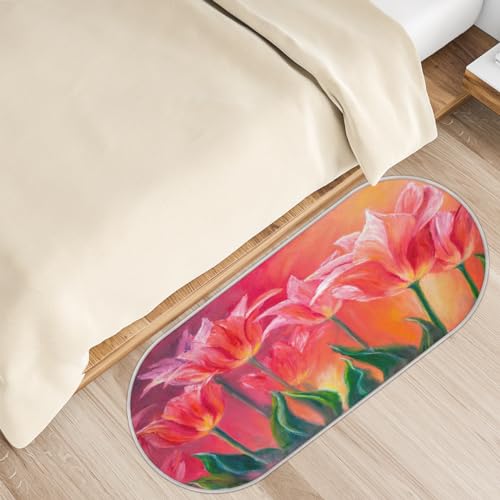 Tulips Painting Oval Rug Small Rugs for Bedroom Bedside Red Bedroom Rug Soft Shag Runner Carpet Modern Fluffy Nursery Area Rugs Home Decor 1.64 x 4 Feet