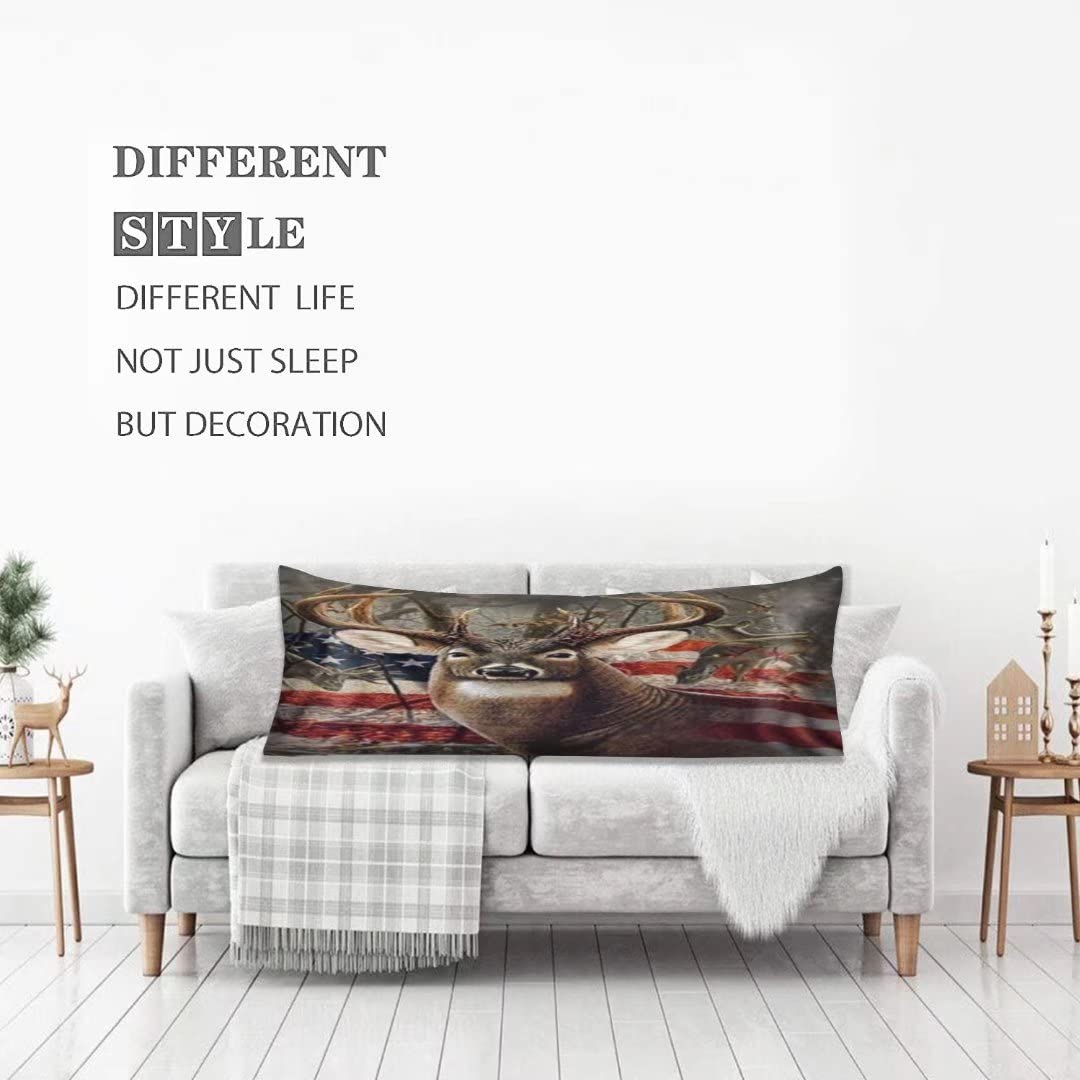 US Flag with Deer Forest Body Pillow Cover Americana Flags Deer Elk Animal Long Pillow Case Protector With Zipper Rectangle Soft Large Pillow Cases Covers For Bedding,Couch,Sofa,Home Gift 20"x54"