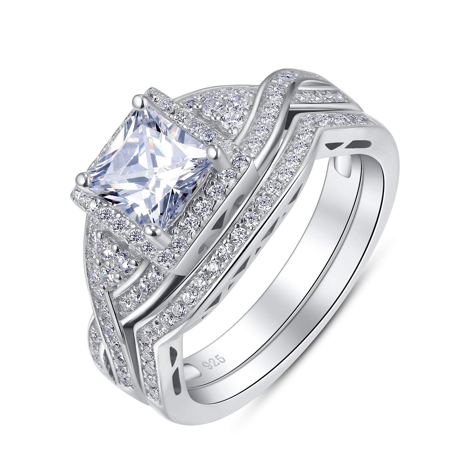 Sterling Silver 2 Pieces Princess Cut Cubic Zirconia Cross Shank Bridal Engagement Wedding Halo Ring Set,10