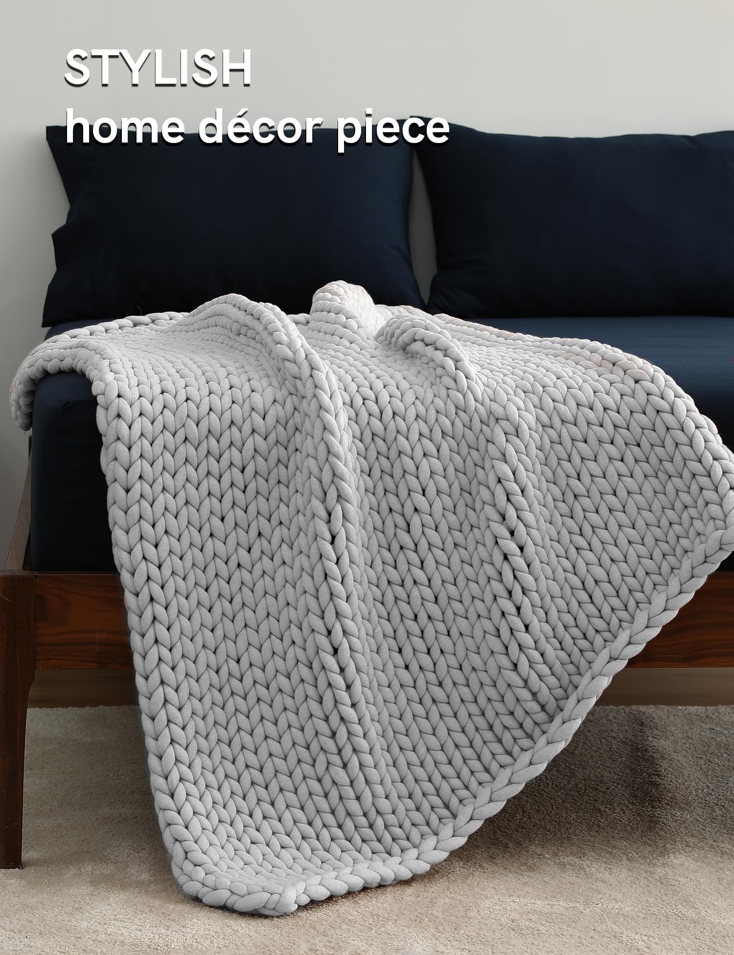 YnM Chunky Throw Blanket, Medium-Weight, Hand Knitted, Skin Friendly, Ventilated and Breathable, Machine Washable, Home Décor Piece for Couch, Sofa and Bed (Lunar Grey, 40x50 Inch)
