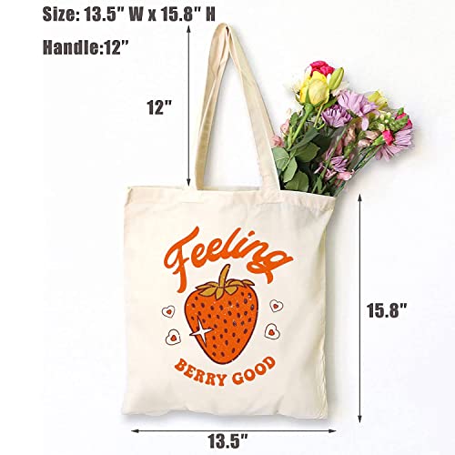 TSIIUO Women's Feeling Berry Good Canvas Tote Bag Funny Strawberry Lover Gifts Retro Reusable Grocery Shopping Bag White