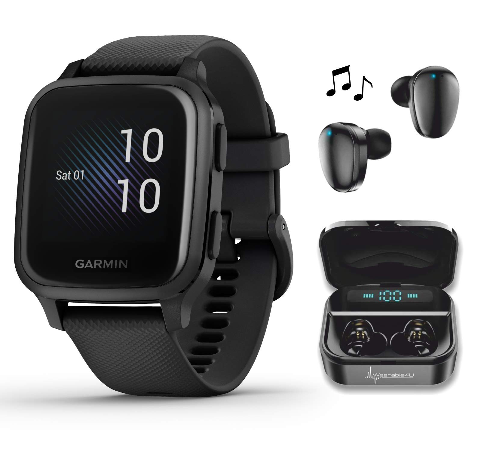 Wearable4U Garmin Venu Sq Music GPS Best Multisport Fitness Smartwatch Black/Slate Black Earbuds with Charging E-Bank Case Bundle