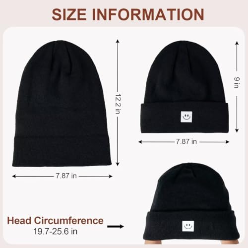 Winter Beanie Hats for Women Men 3Pack,Fleece Lined Womens Winter Hats with Smiley Face,Warm Cute Beanie for Cold Weather(Camel+Black+Black/White)