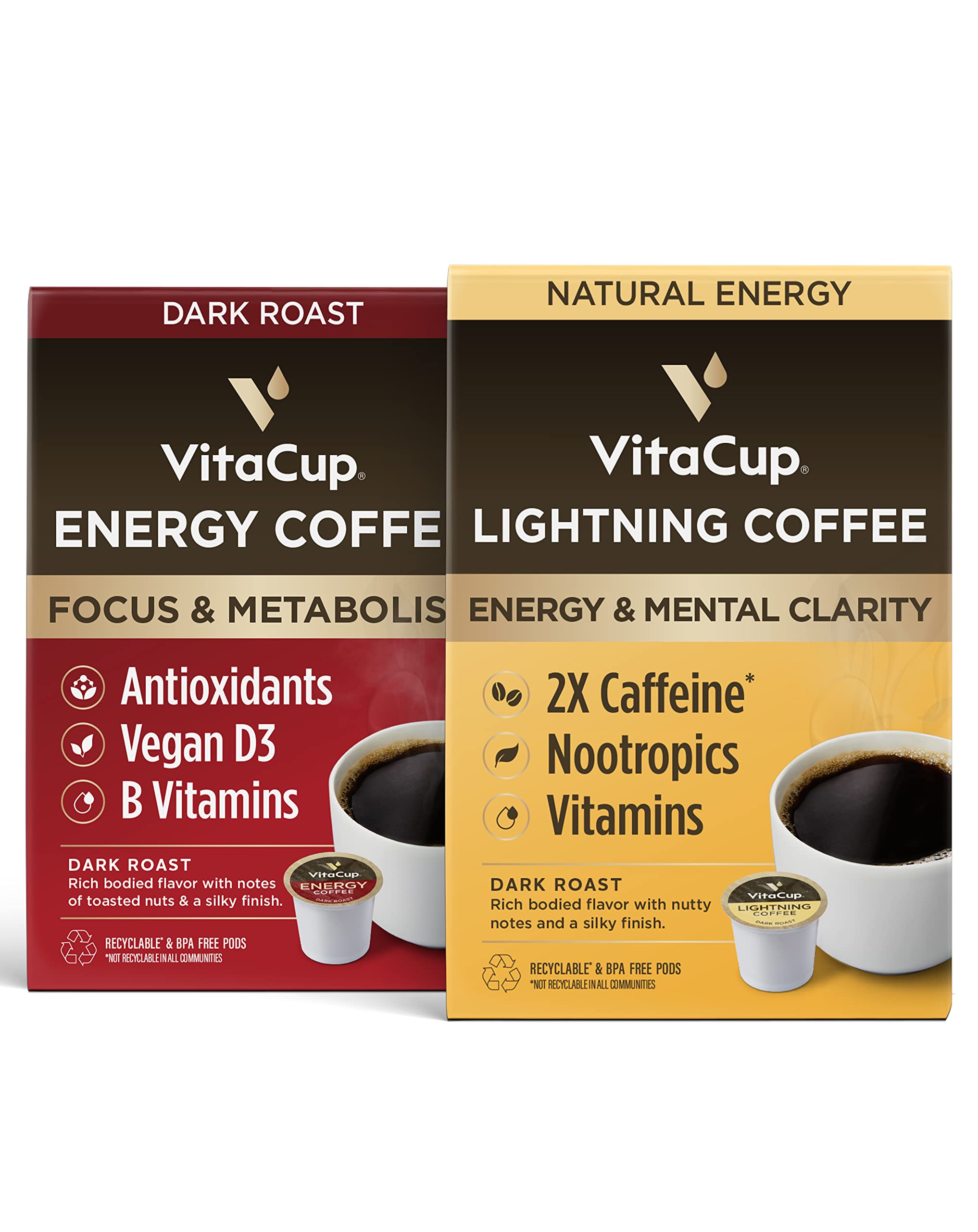 VitaCup Lightning Coffee Pods, Enhance Memory & Focus w/ 2X Caffeine,16CT | Energy Dark Roast Coffee Pods, Boost Focus & Metabolism, Antioxidants, B Vitamins, Bold & Smooth 16CT