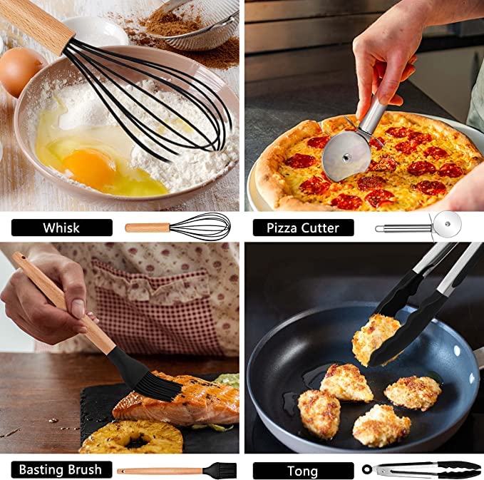 Utensil sets-Kitchen 33 Pcs Non-Stick Silicone Cooking Utensils Set with Holder, Sturdy Wooden Handle, Heat Resistance Silicone Spatula Spoon Kitchen Gadge