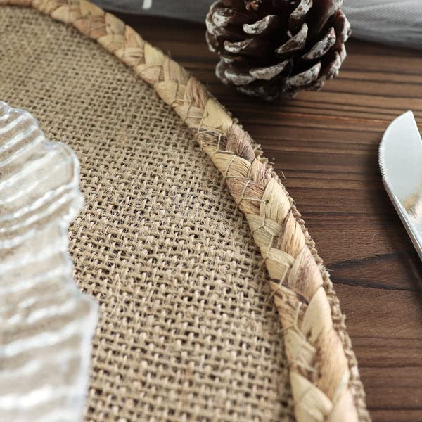 TABLECLOTHSFACTORY 4 Pack | 15" Round Natural Rustic Burlap Jute Placemats Braided Edges, Farmhouse Placemats with Trim
