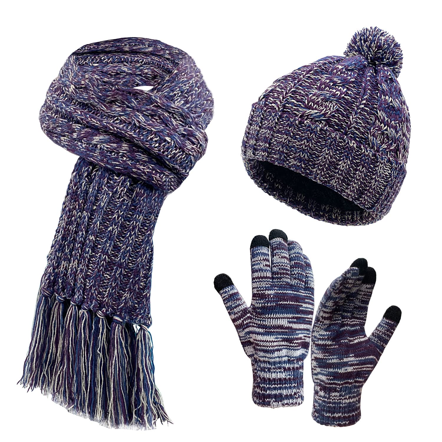 Winter Hat Scarfs & Gloves Set for Women Warm Knit Beanie Hat Long Neck Scarves Touchscreen Gloves Cold Weather Gear(Purple)