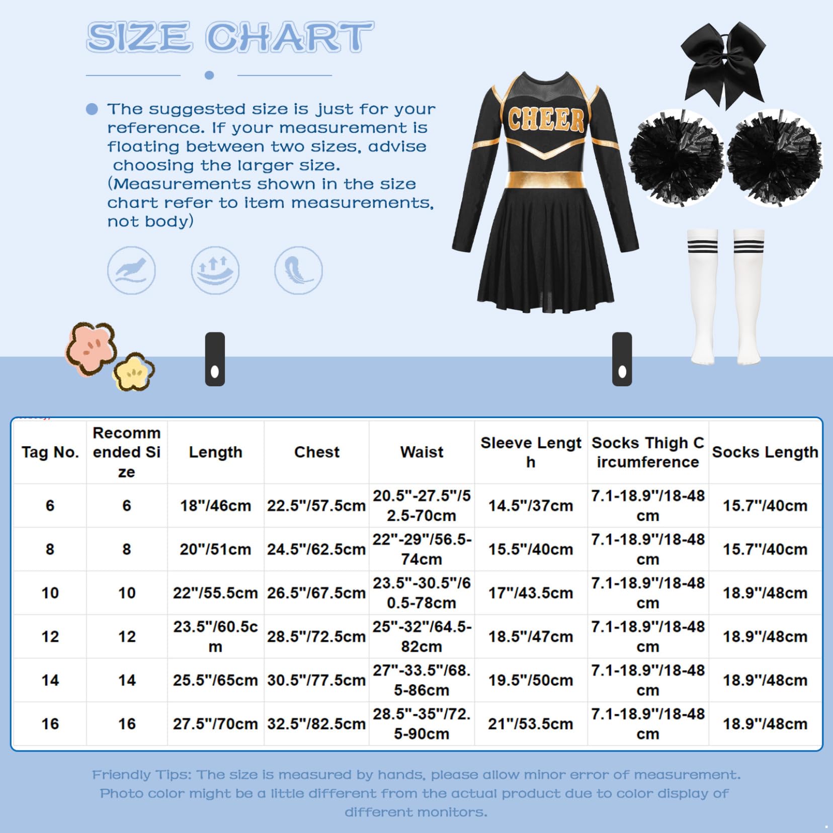 TSSOE Girls Cheerleading Uniform Long Sleeve Leotard Dress Cheer Leader Outfits Performance Costume A01 16 Years