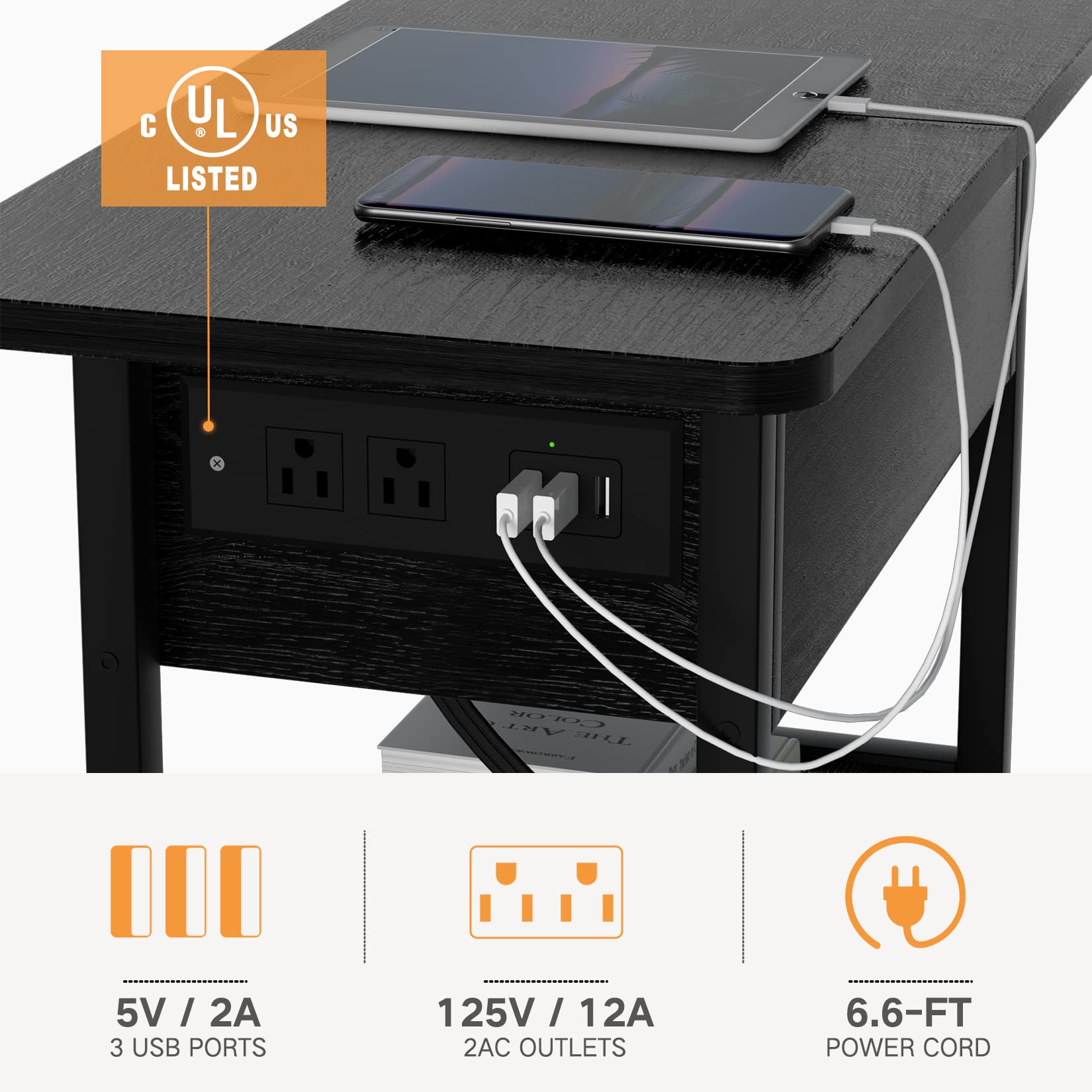 Yenlure End Table with Charging Station, Narrow Side Table with 5 USB Ports & Outlets, Flip Top Nightstand for Small Space, Bedside Table with Storage Shelf for Living Room/Bedroom, Black