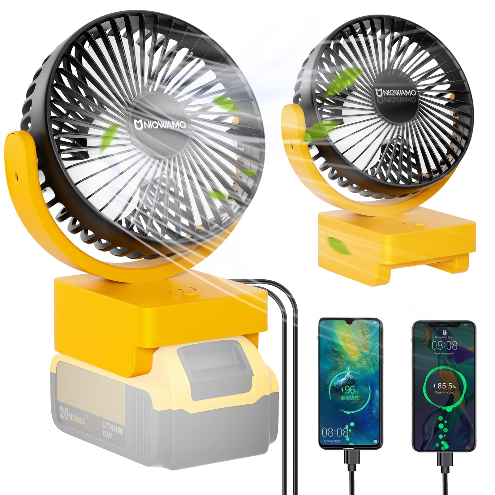 Uniqwamo Jobsite Battery Operated Fan For Dewalt 20V/60V Max DCB204 DCB205 DCB206 DCB203 DCB201 DCB207 DCB180 DCB181 Lithium-Ion Battery, Cordless Fan For Dewalt With 3 Speeds Control,USB +Type C