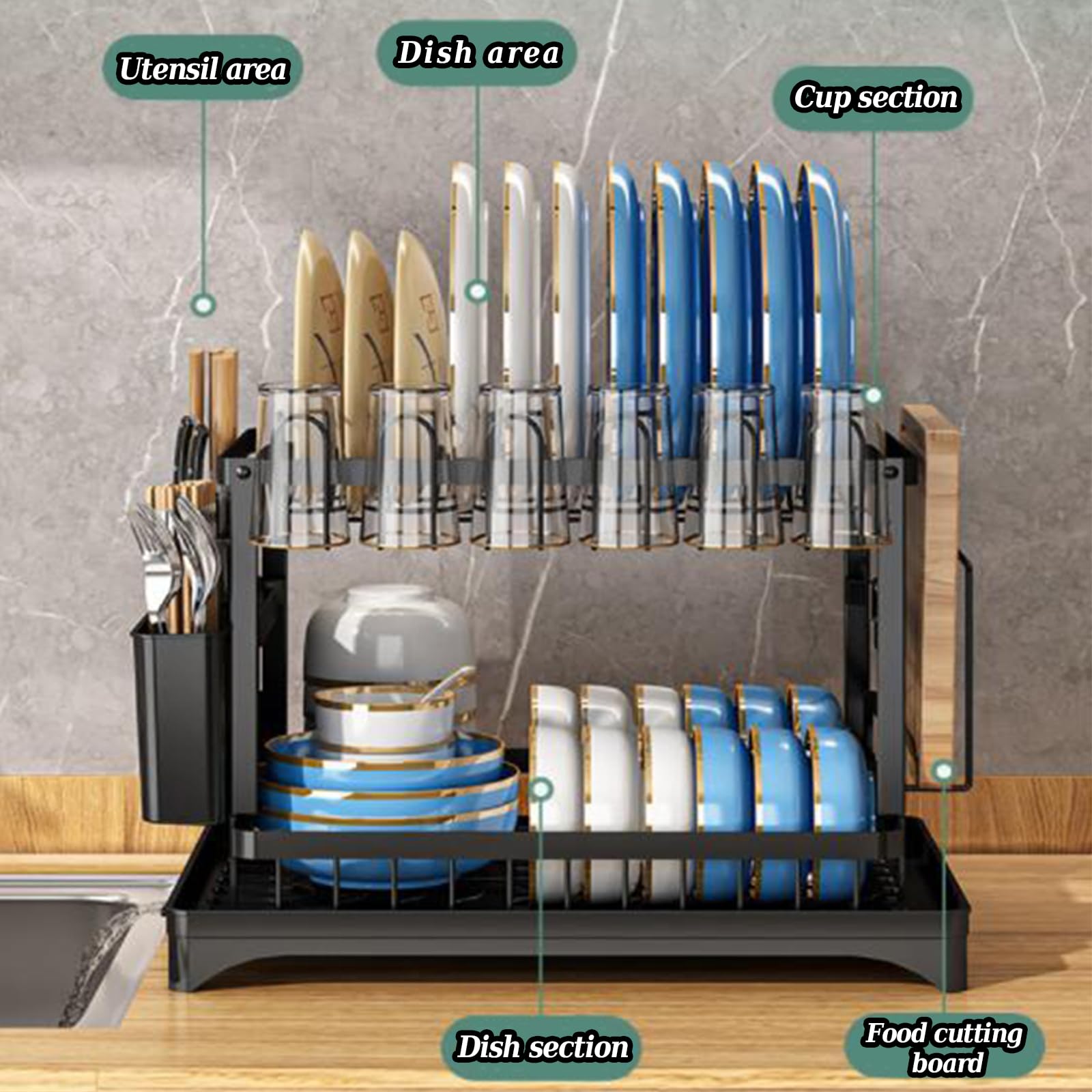 ZHIDENGWJ Stainless Steel Dish Drying Rack with Drainboard Set,2 Tier Large Dish Racks for Kitchen Counter, Detachable 2-in-1 Large Black Capacity Dish Drainer Organizer for Kitchen Counter