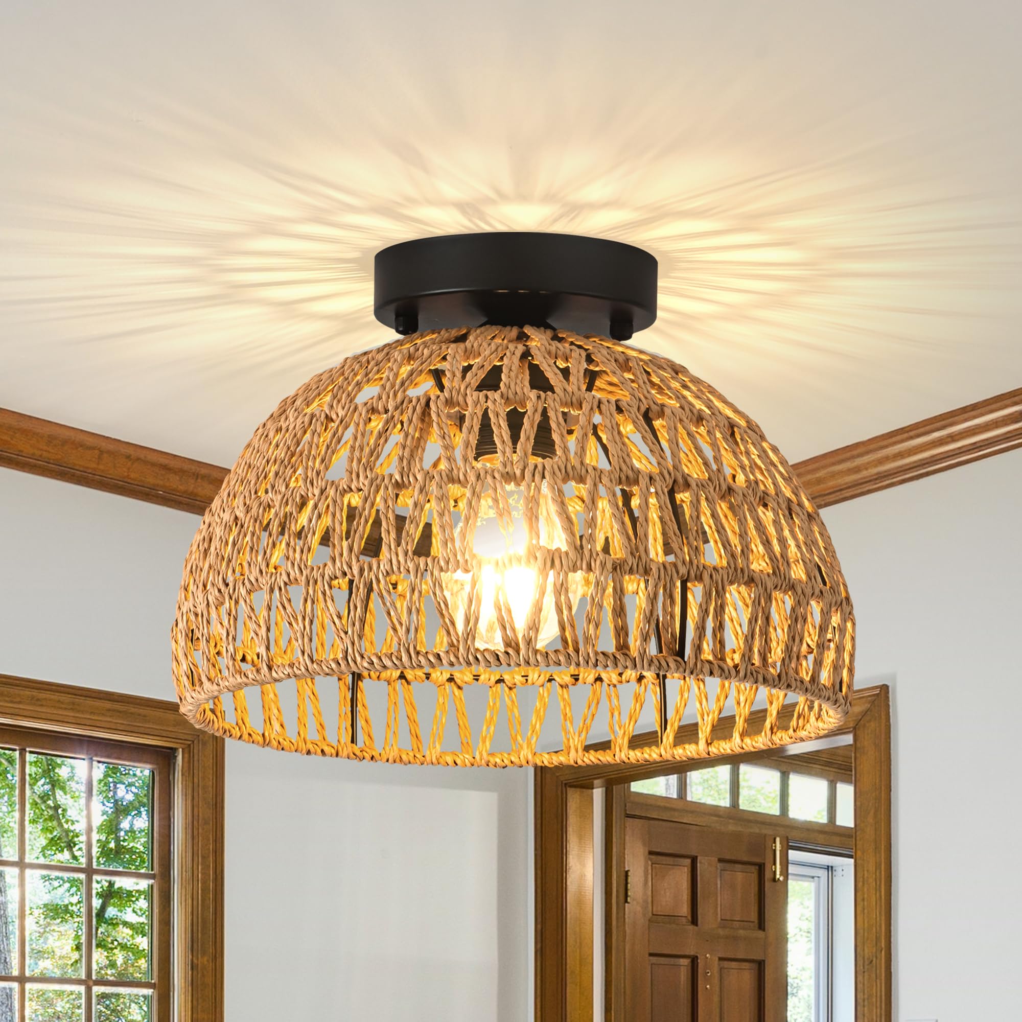 SYTPPLAN Rattan Light Fixtures Ceiling Light, Handmade Woven Cage Boho Light Fixture 11" Semi Flush Mount Light Fixture Coastal Ceiling Light for Hallway Kitchen Entryway Farmhouse Living Room