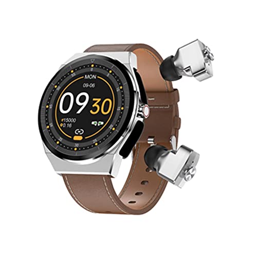 Tuanzi JM08 2 in 1 Smart Watch with Earbuds 1.28" Smartwatch TWS HiFi Stereo Wireless Headset Combo Bluetooth Phone Call for Android iOS (Silver Leather+Silicone)