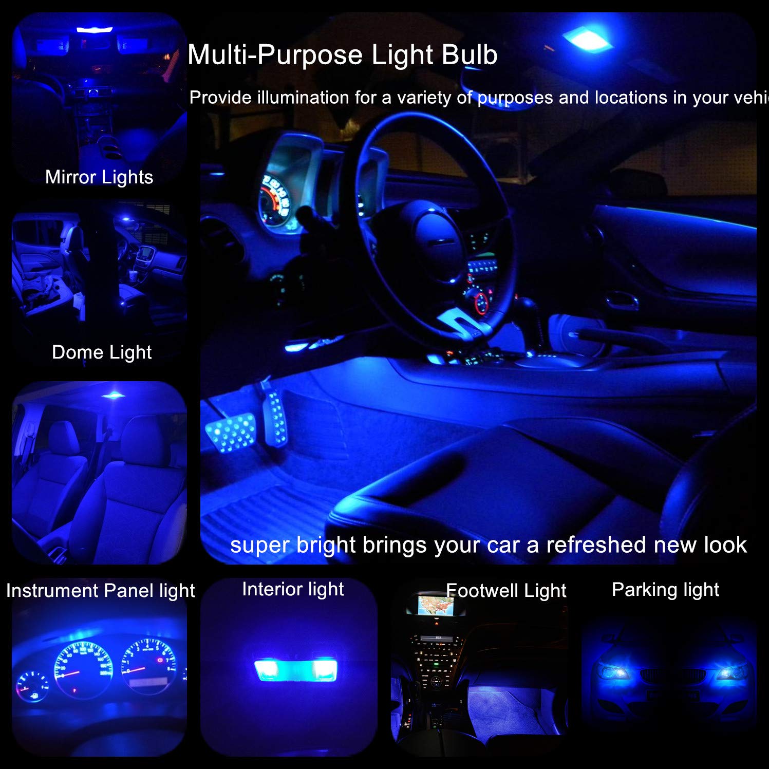 WLJH Blue T10 Led Bulb Dash Lights Dashboard Instrument Panel Cluster Gauge 2825 194 w5w Car Interior Lamp Twist Sockets Pc195 Pc194 Pc168, Pack of 6