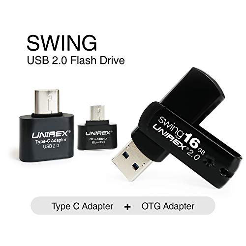 Unirex Swing USB 2.0 Flash Drive with Micro USB & USB-C Adapter (16GB 2 Pack Black and White)