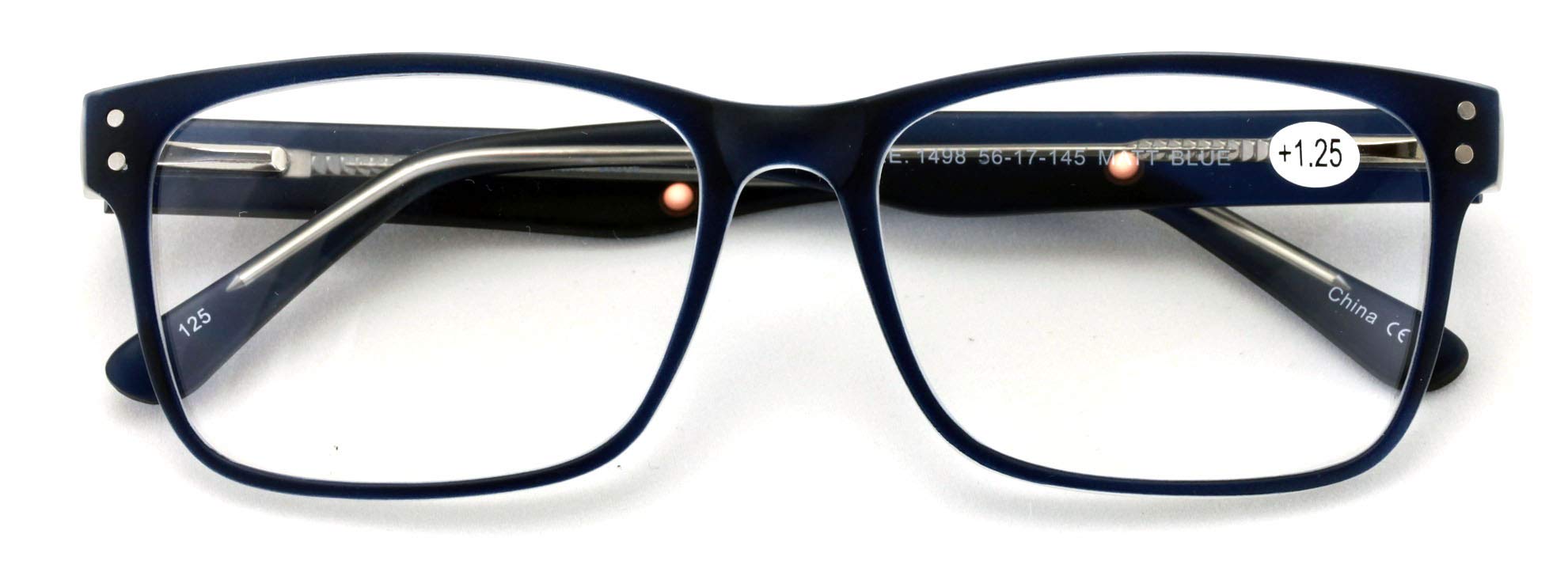 V.W.E. Men Premium Rectangle Stainless Steel Reading Glasses - Wide Fitment Metal Reader (Dark Blue, 2.00)