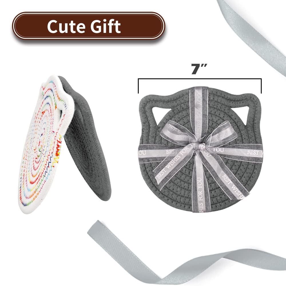 YONOVO 7" Cotton Trivets Set, 3Pcs Cute Cat Ear Pot Holders Woven Hot Pads Mats Thick Heat Resistant for Hot Pots and Pans Round Hot Plate Holder Washable Potholders Kitchen Farmhouse Rustic Gift