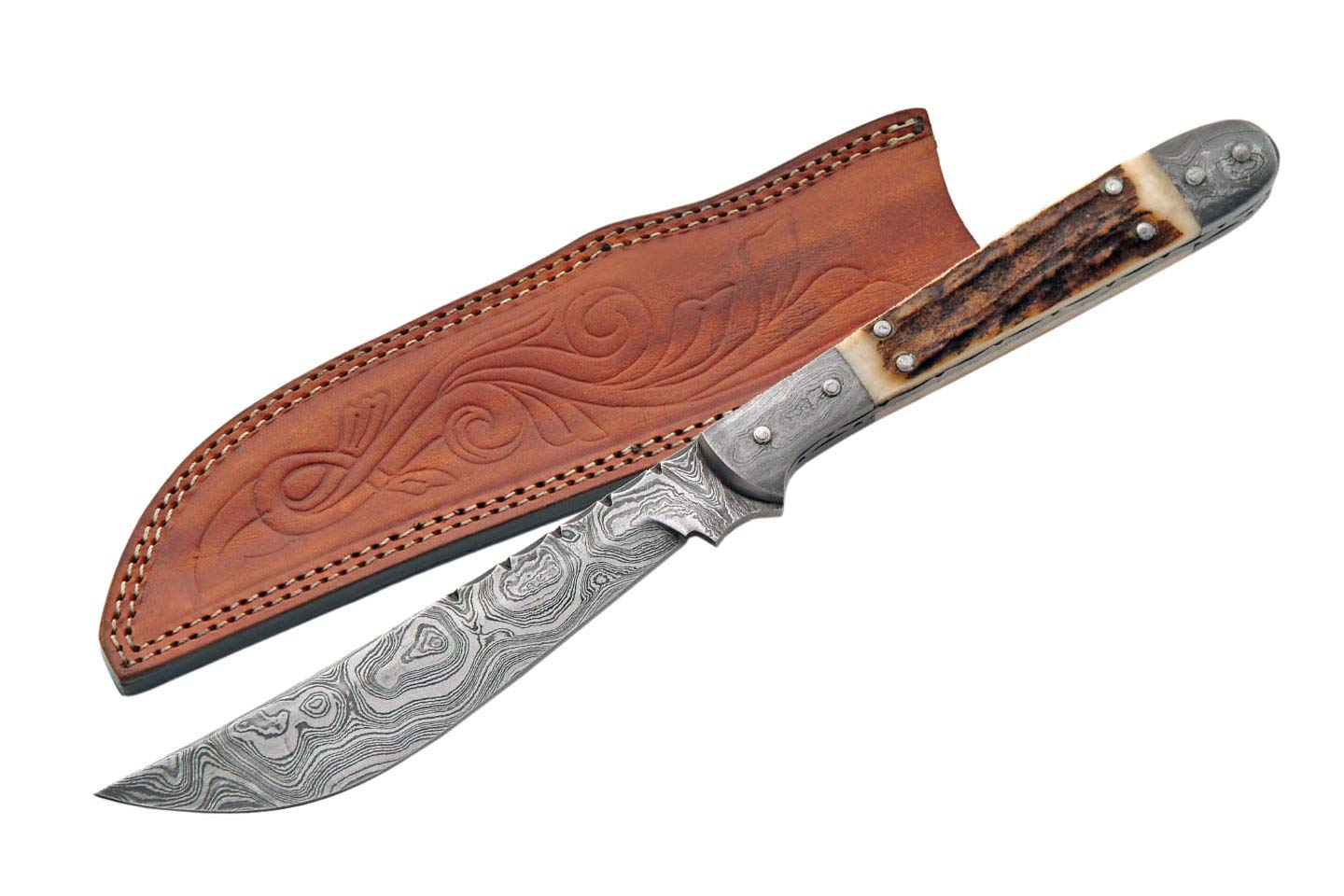 SZCO Supplies 9” Slim Damascus Steel Frontier Hunting Knife with Leather Sheath, Multicolor, One Size, DM-1024