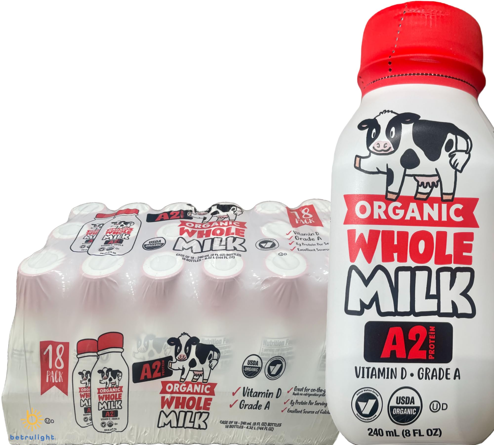 whole Milk Organic Shelf Stable Whole Milk Bottle, Kirkland Grass Fed Milk has Vitamin D & A2 Protein, Plus BETRULIGHT Fridge Decal - Single Serve, 8.0 Fl oz (Pack of 6)