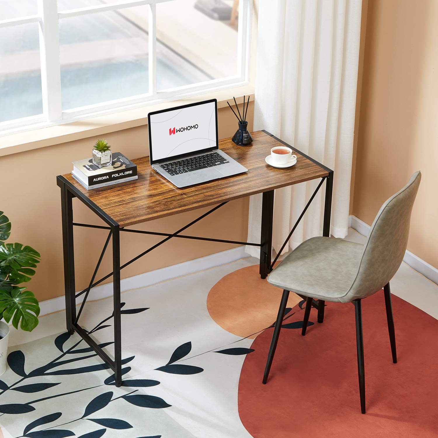 WOHOMO Folding Computer Desk No Assembly Small Desk 39β Study Writing Desk for Small Spaces Foldable Table Walnut