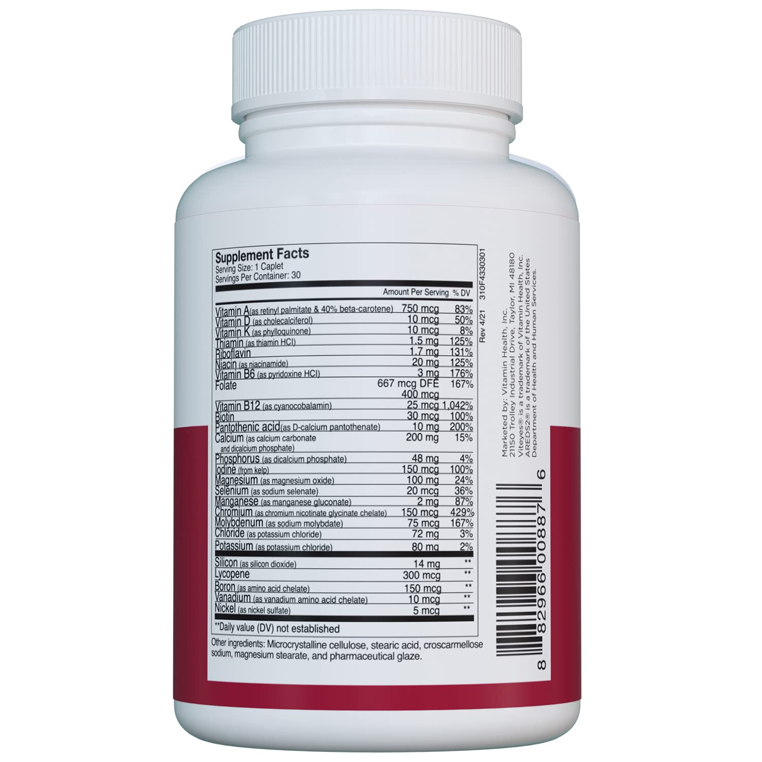 Viteyes Classic AREDS 2 Companion Multivitamin Supplement, Comprehensive Multivitamin Formula for AREDS 2 Users, 30 Capsules, Companion Caplet