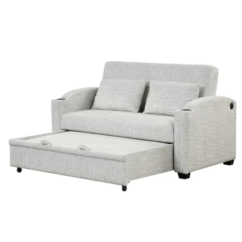 UXZDX 65" Pull Out Sofa Bed Chenille Convertible Loveseat Sofa with Adjsutable Backrest, Cup Holders, USB Portss