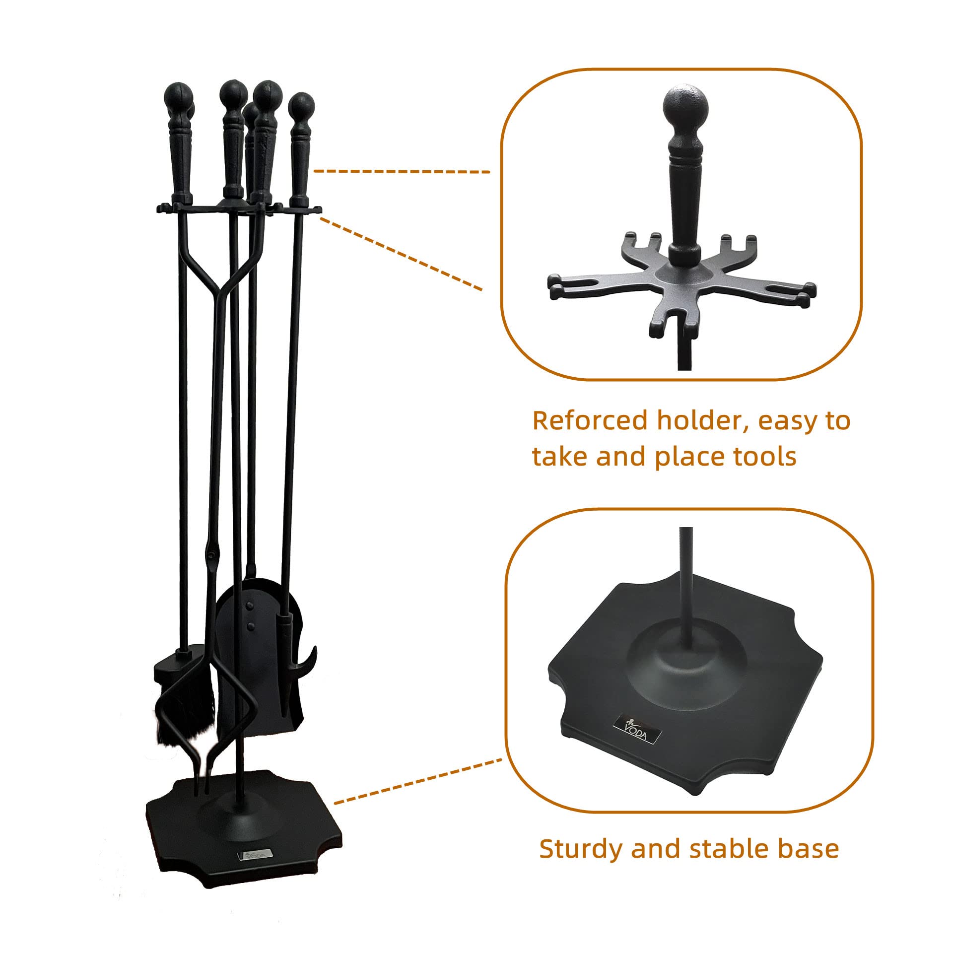 VODA Fireplace Tools Set 5 Pieces 31.5In Cast Iron Indoor Fireside Accessories Large Fire Place Tool Set Outdoor Holder Fire Kit Stand Wood Stove Log Shovel Brush Tong and Fireplace Poker