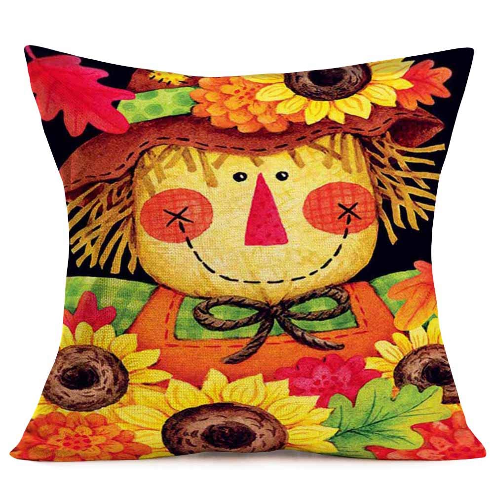 Xihomeli Hello Fall Throw Pillow Covers Cute Scarecrow with Sunflower Leaves Pillows Decorative Pillow Cover Cotton Linen Autumn Harvest Pillow Case Outdoor Home Decor Sofa 18x18 Inch (Scarecrow)
