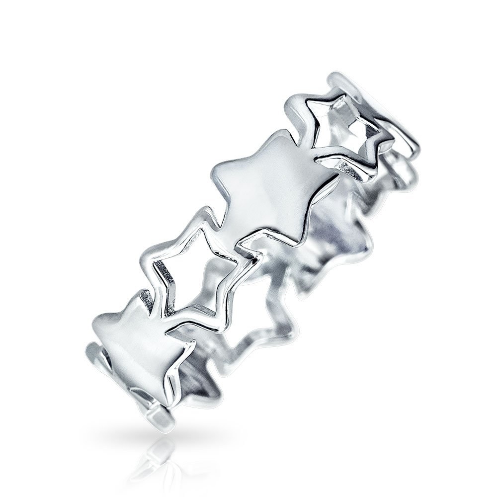 Simple Plain Stacking Patriotic USA American Celestial Star Eternity Band Ring For Women Teen .925 Sterling Silver