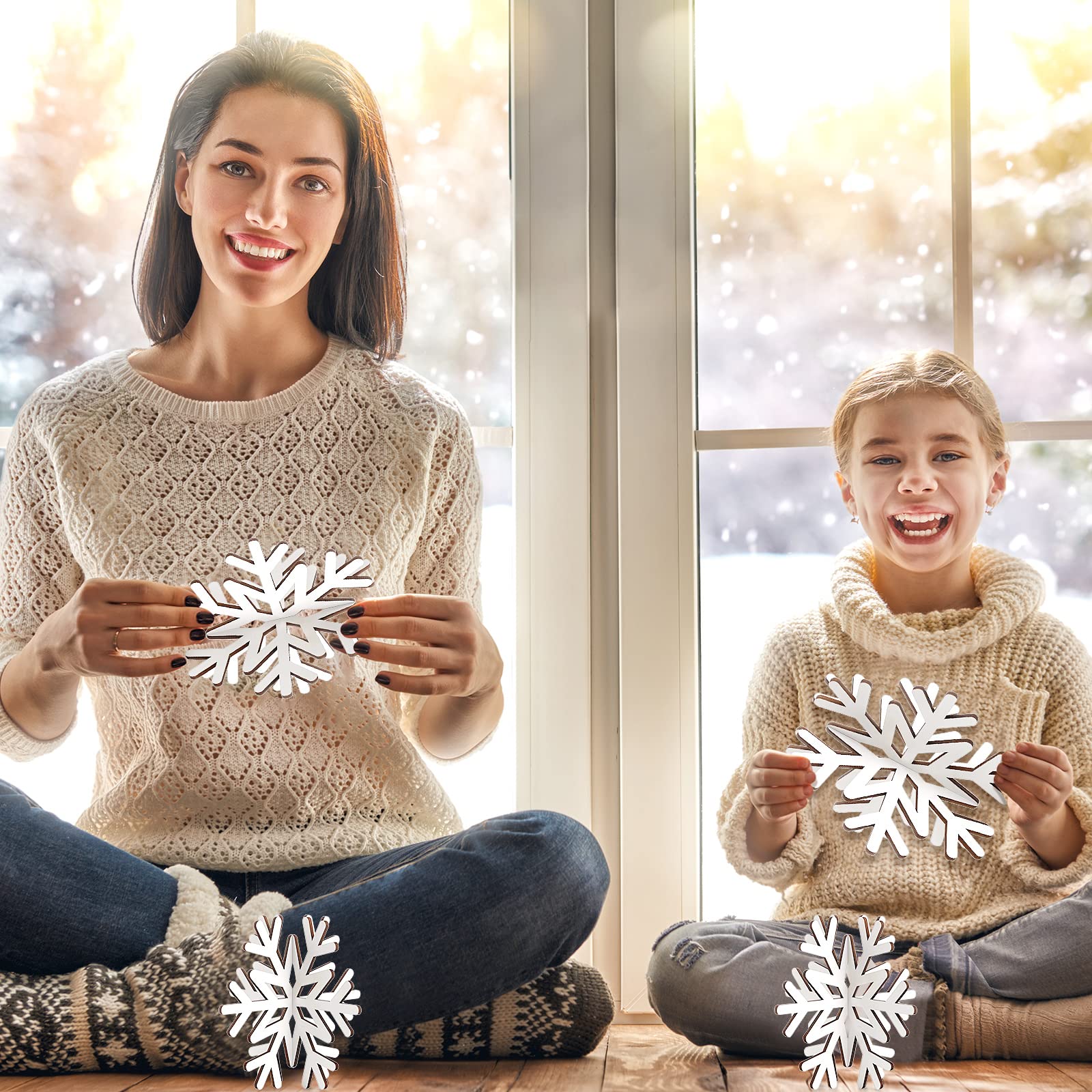 Tuanse Winter Wooden Snowflake Decorations 3D Snowflake Tabletop Decor Farmhouse Standing Table Sign Snowflake Centerpiece for Winter Party Porch Wall Fireplace Tray, White(5 Pieces)
