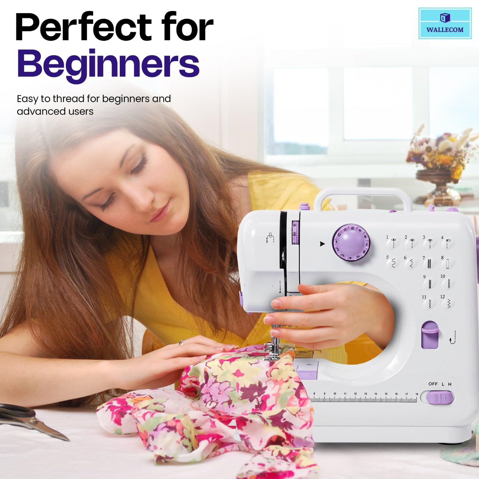 WALLECOM Portable Sewing Machine for Beginners with 12 Stitch Applications, Dual Speed, Reverse Stitch, Foot Pedal and 42 Pcs Sewing Kit - Small Sewing Machine, Easy to Use Electric Mini Sewing