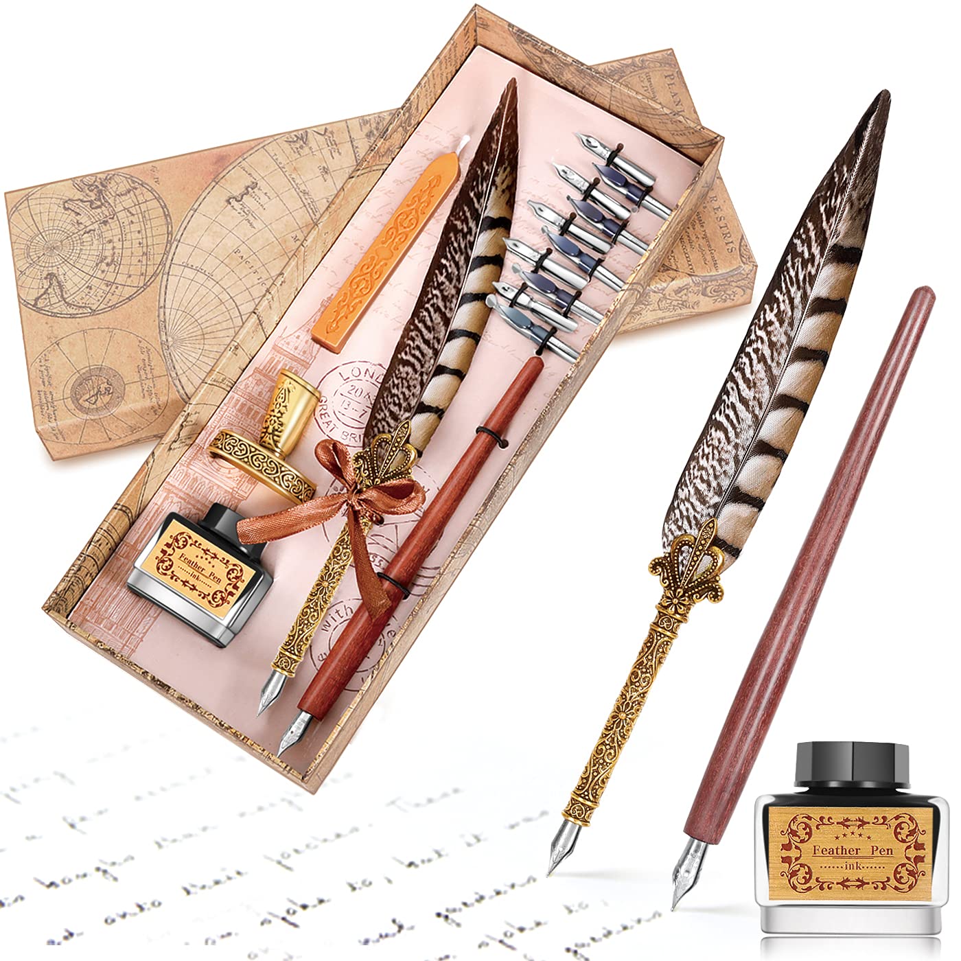 YICMY Quill Pen Pheasant Feather Pen And Ink Set Feather Pen With 10 Replacement Nibs and Ink Antique Calligraphy Pen Set Quill Dip Pen Retro Calligraphy Gift(Pheasant)