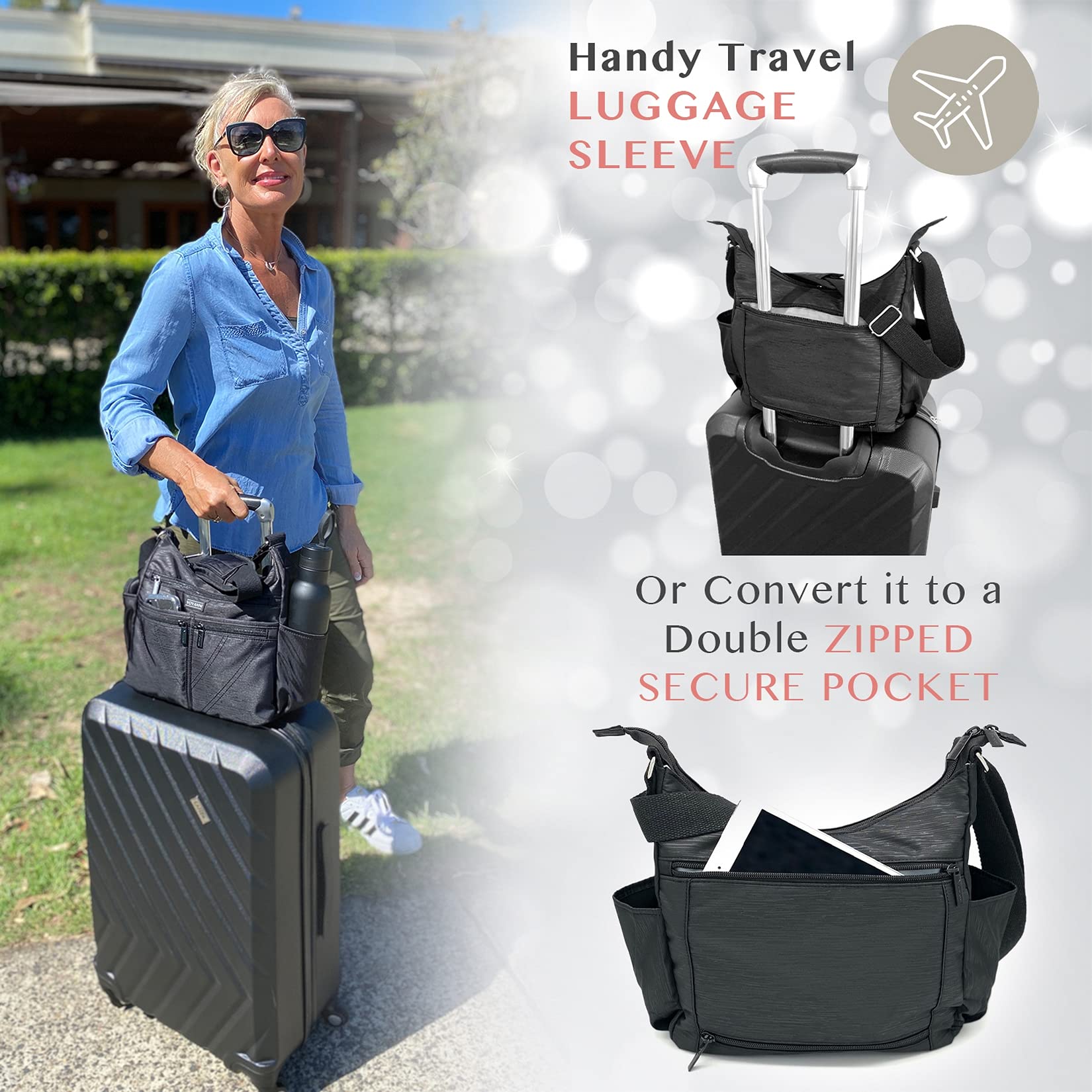 Voyanni Crossbody Bags for Women RFID AntiTheft Travel Purse Multi-Pocket Nylon Lightweight (Black)