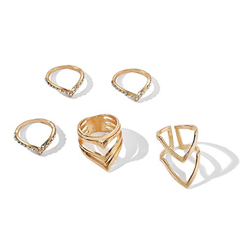 ZZ ZINFANDEL 5-9 Pcs 18K Gold Stackable Knuckle Midi Finger Rings Set Crystal Pearl Rings Geometry Heart Hexagon Letter V Stackings Joint Ring Sets for Women Girls (5 pcs)