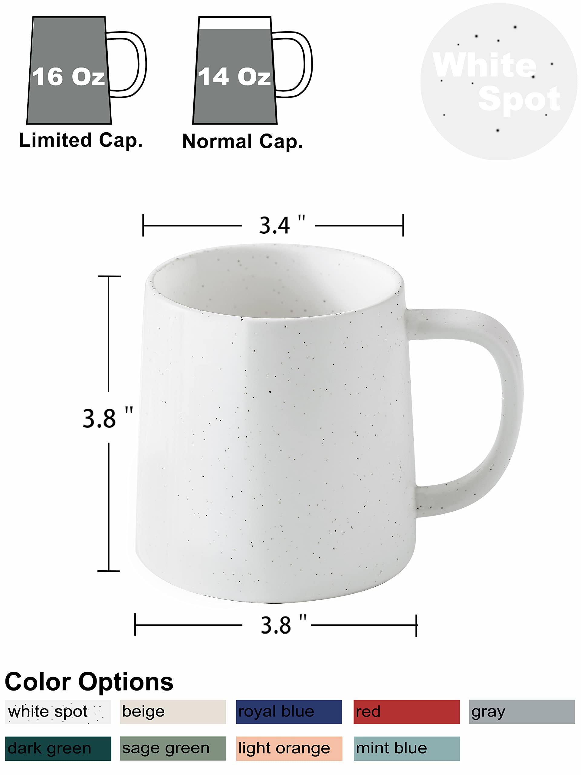 T-WARE 16 Oz Coffee Mugs Set of 2, White Speckled Ceramic Mug, Coffee Cups Ceramic